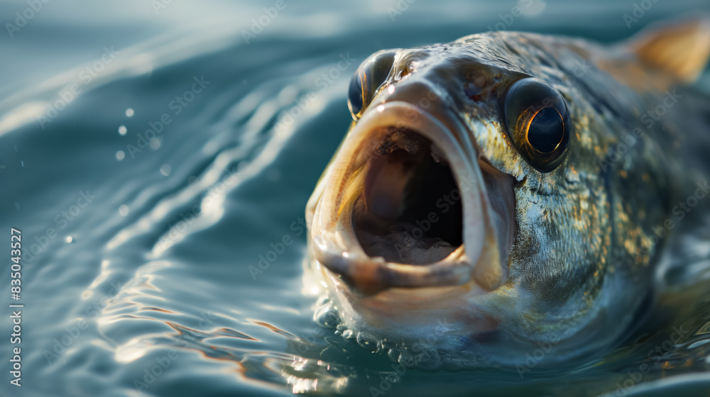 Fish head emerging from the water with its mouth wide open, capturing ...