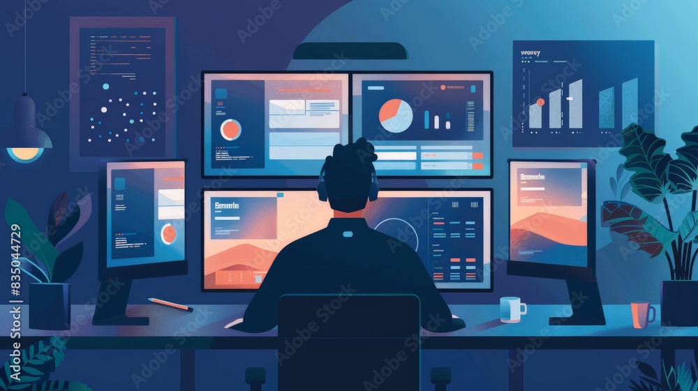 An illustration in 2D flat style showing a remote learning setup, with ...