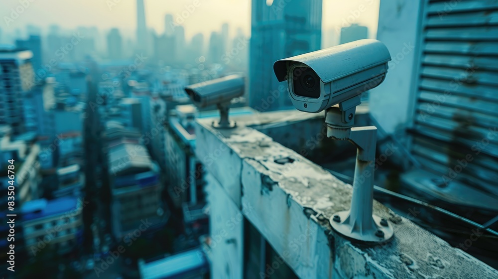 Rooftop video monitoring with CCTV in close up for background texture ...