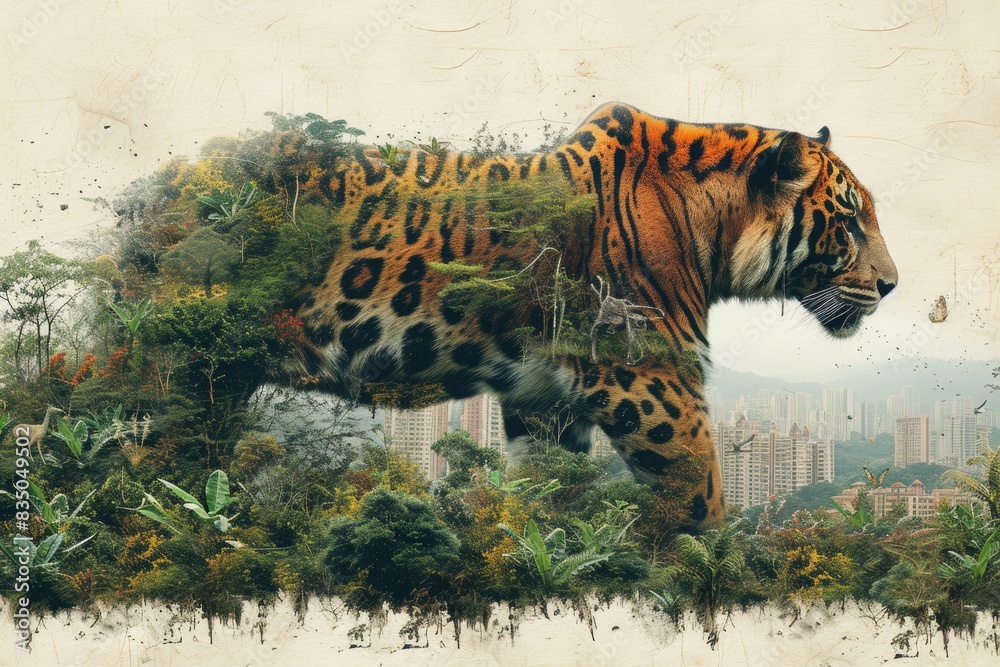a tiger walking across a field with trees, A collage featuring iconic ...