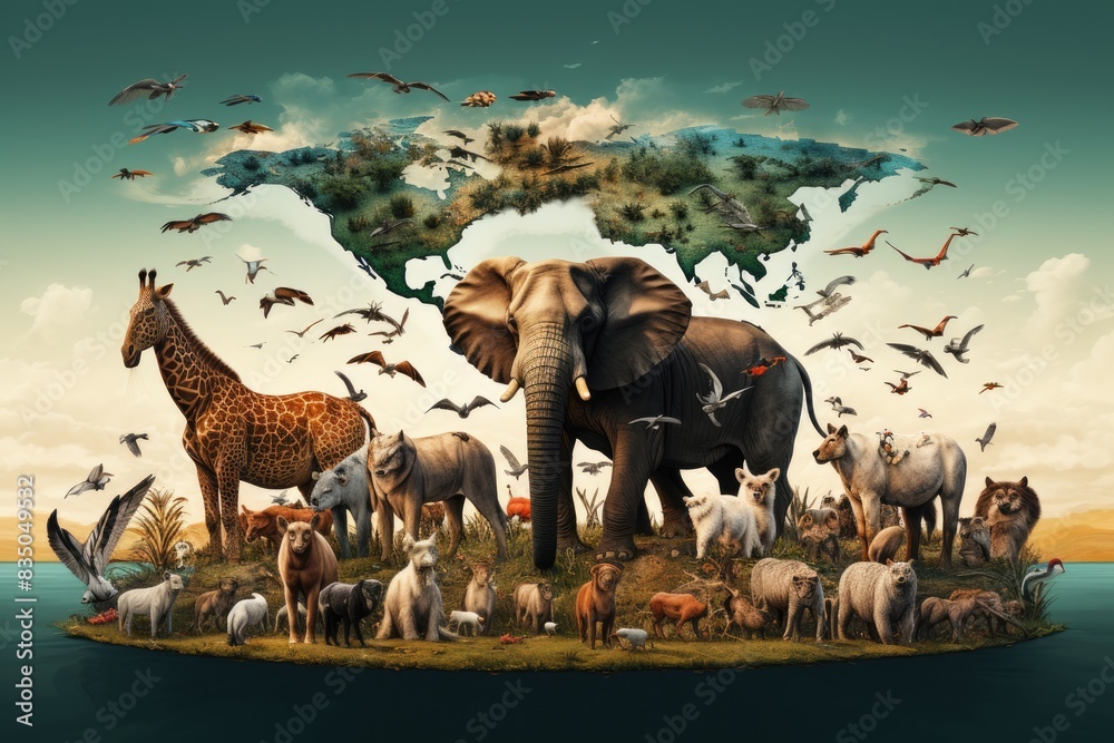a group of animals standing on top of a grass covered island, A collage ...