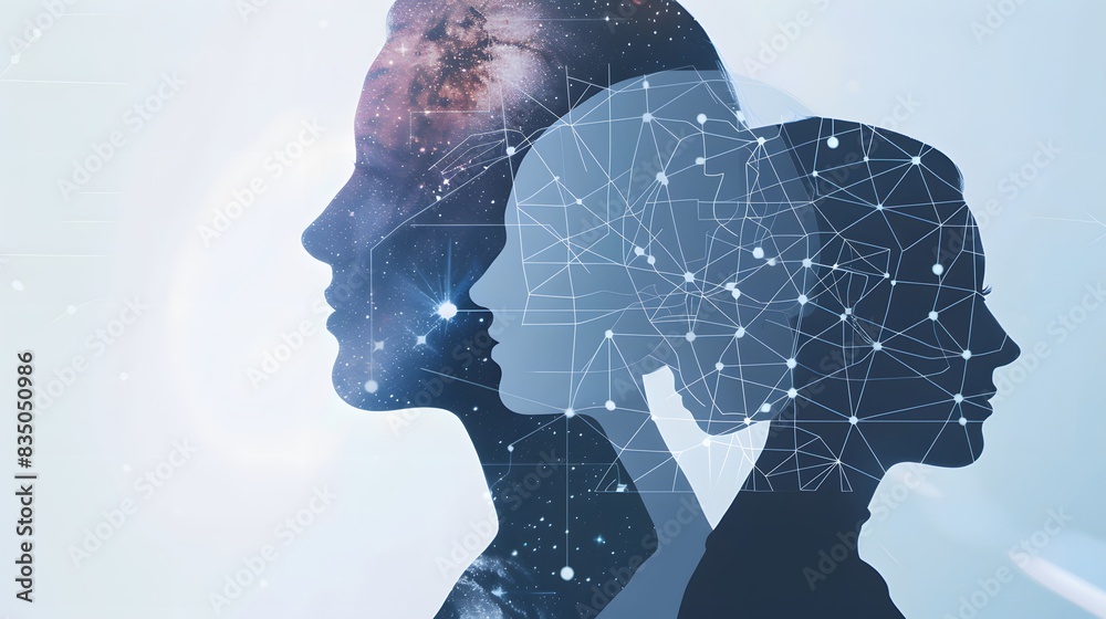 Multiple human silhouettes with abstract neural networks and cosmic ...