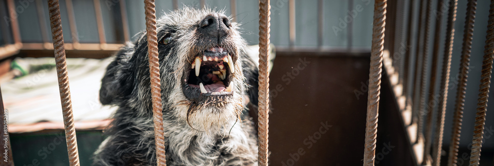 Angry homeless dog in an animal shelter. Portrait of an angry dog in a ...