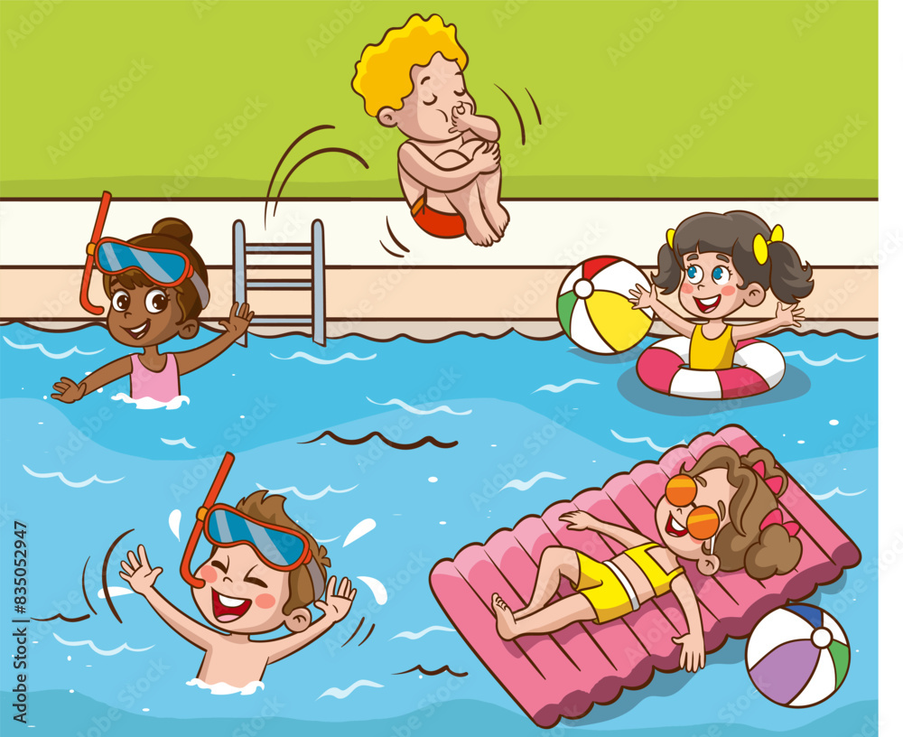 Children in aqua park swimming pool having fun.Summer Outdoor Activity ...