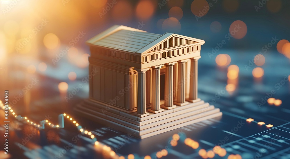 Miniature Bank Building on Financial Chart with Stock Market Analysis ...