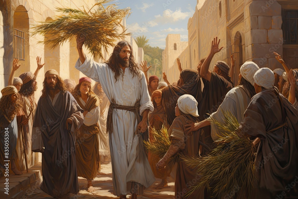 jesus walking through a crowd of people carrying a bunch of hay, An oil ...