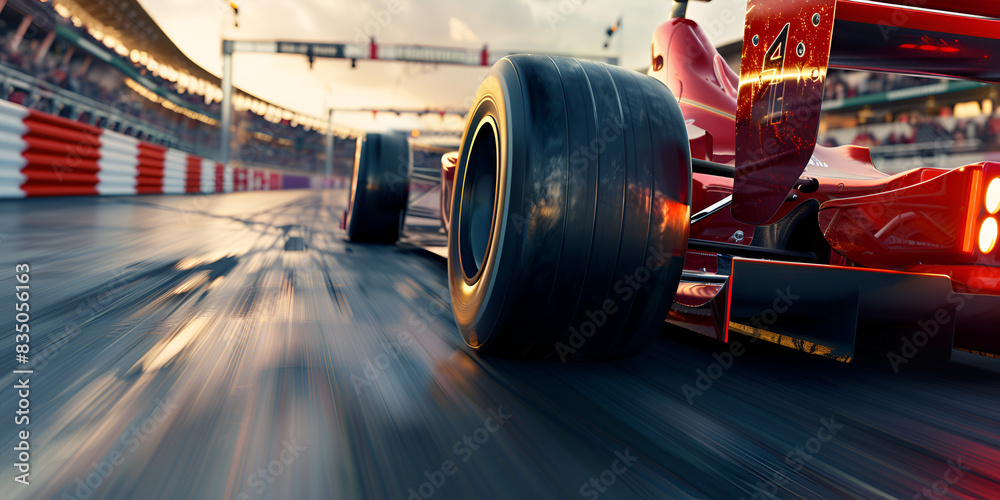 Closeup of red racing car wheel moving on high speed on wet race track ...