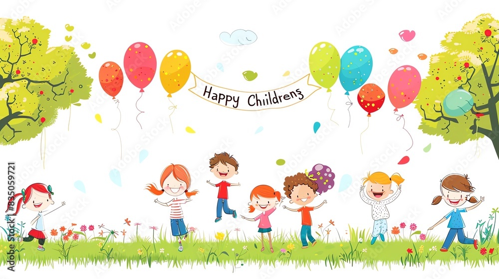Group of cheerful children playing in a sunny park, with a "Happy ...