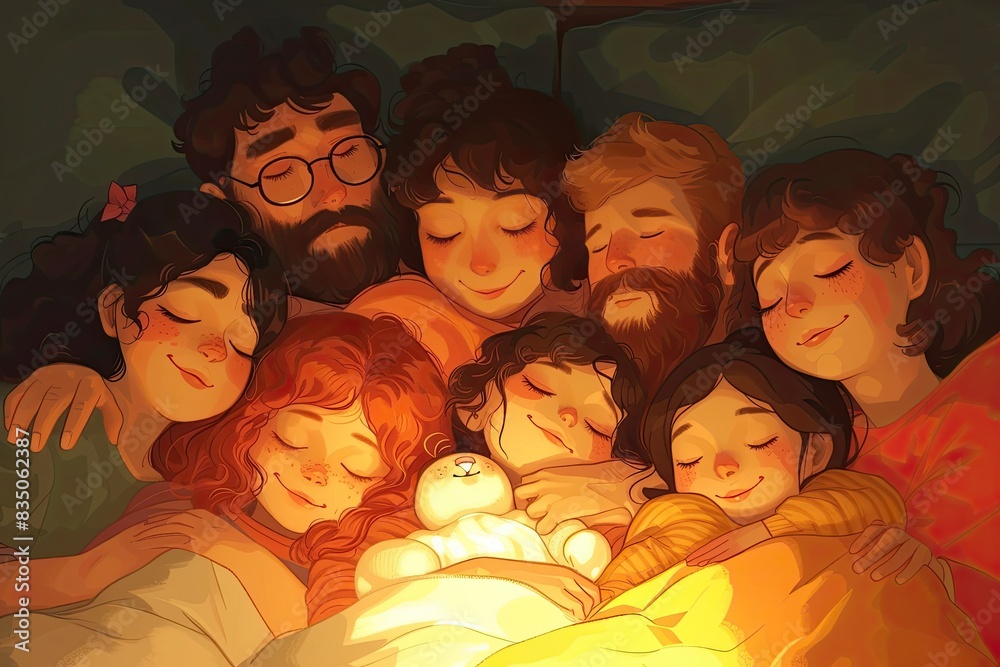 a family is sleeping in bed together, Comic style art depicting a ...