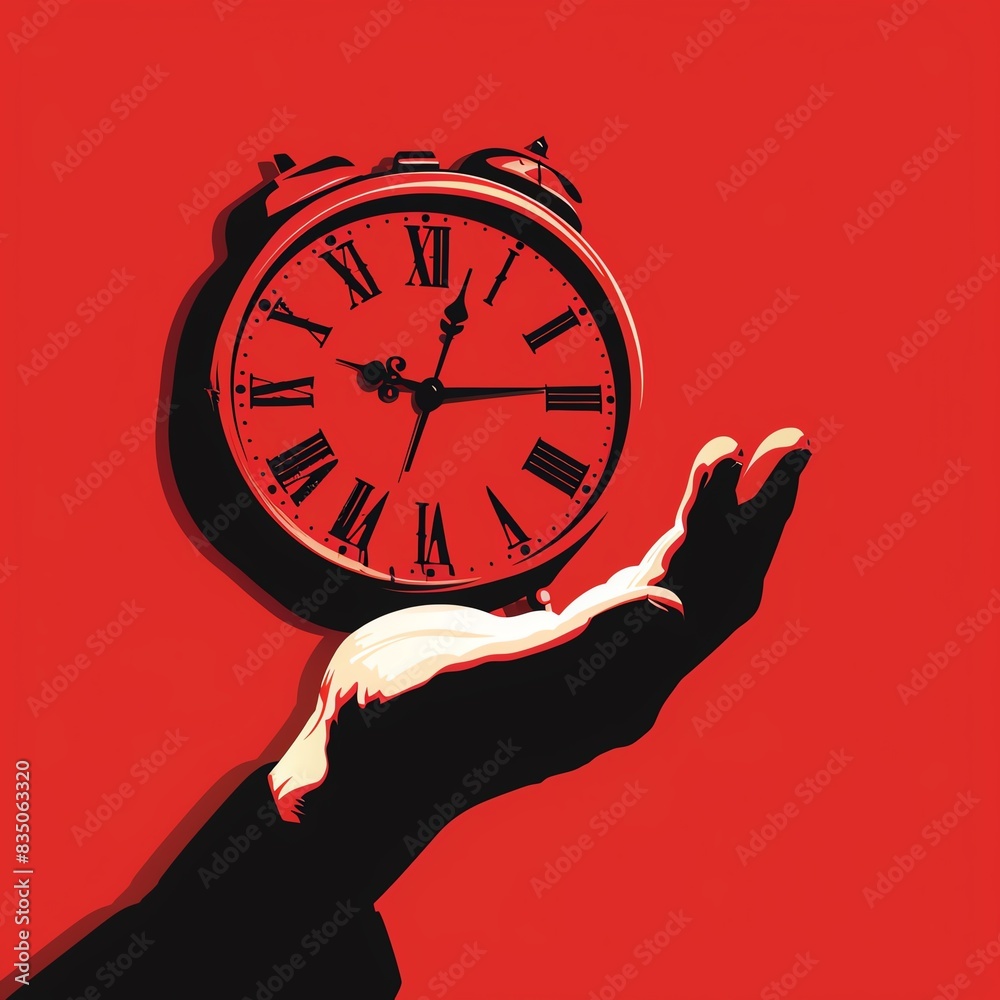 Pop art style image of a hand holding a vintage alarm clock ...