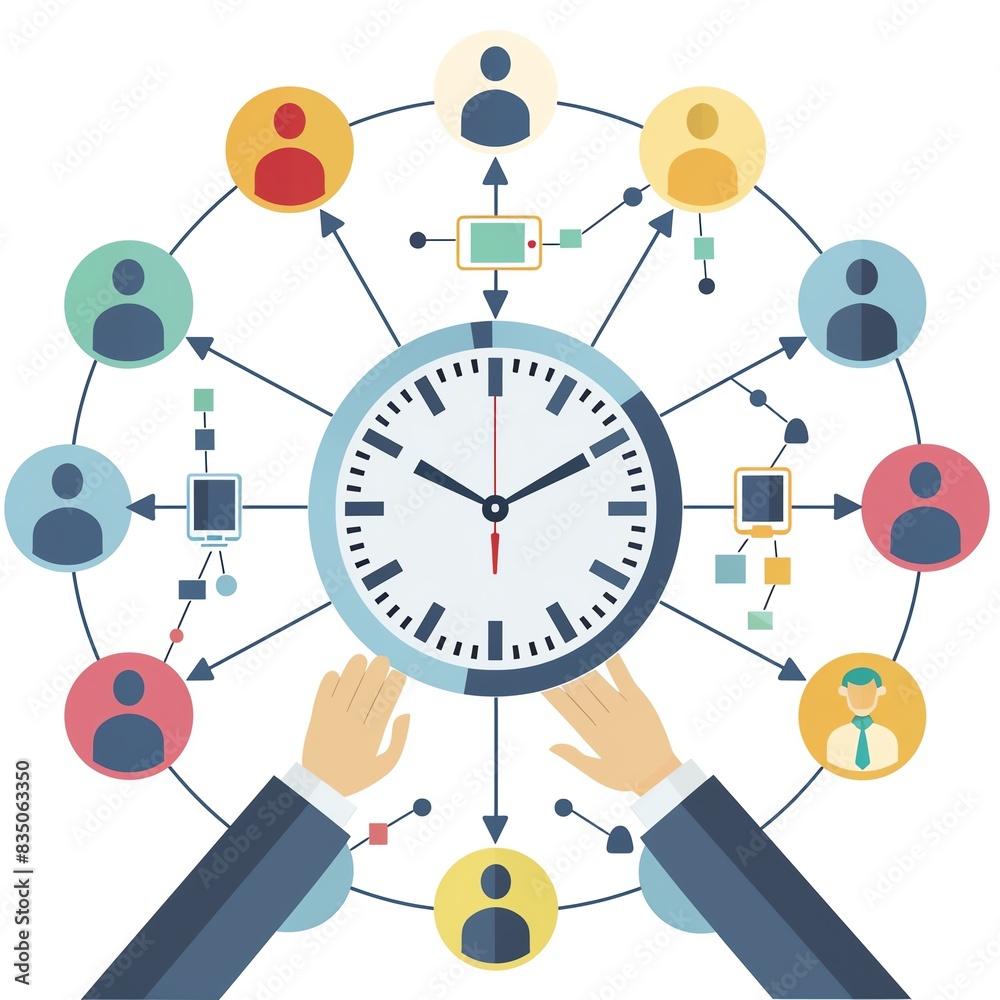 Vector illustration of time management concept with clock, hands, and ...