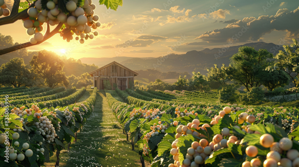 Realistic scene of a grape farm in full summer bloom, emphasizing the ...
