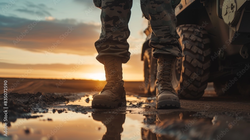 Military boots and armored vehicle captured at sunrise, reflecting ...