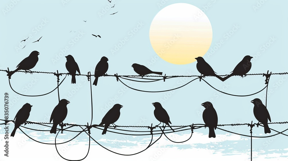 Sparrow and bullfinch birds flock on power line wires, vector ...