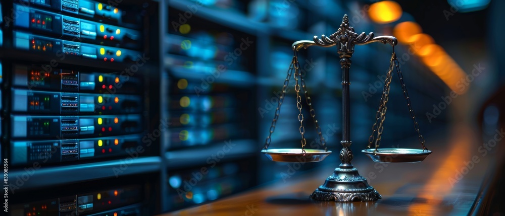 Conceptual image combining law and technology, featuring a scale of ...