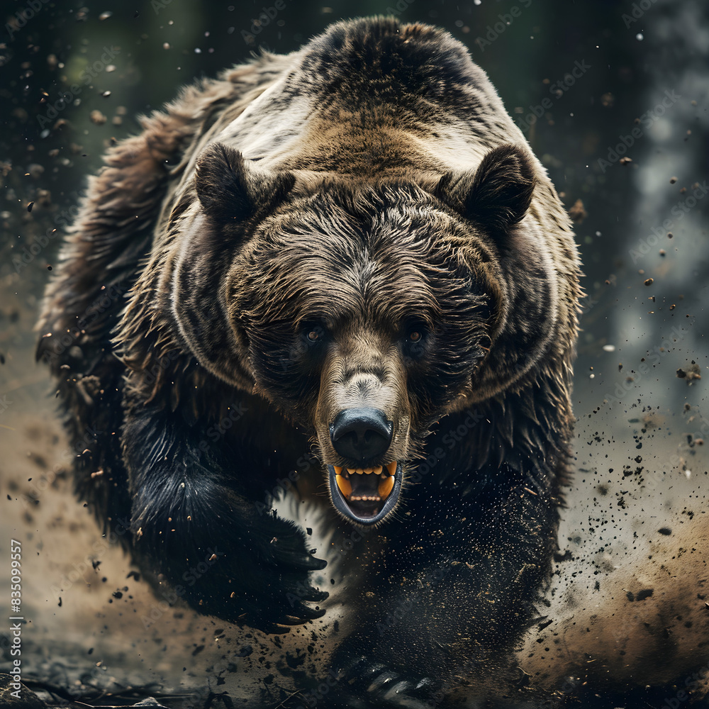 A big angry grizzly bear running in the jungle, showcasing the powerful and dangerous nature of ...