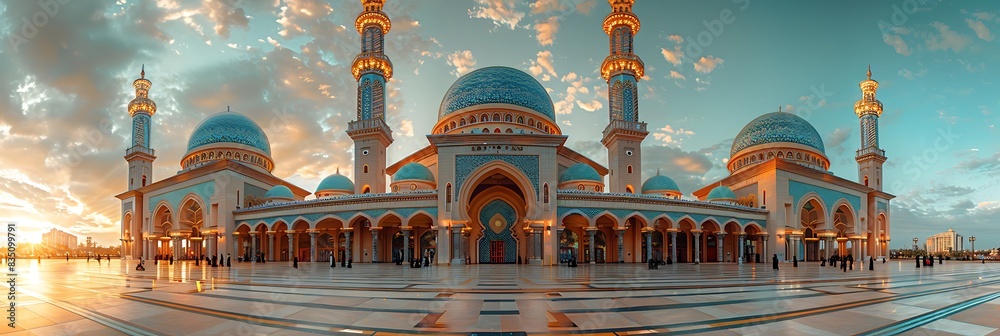 panoramic view of mosque courtyard filled worshippers in prayer during ...
