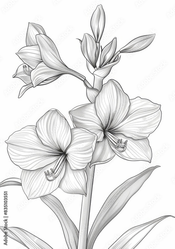 This is a coloring page featuring a detailed drawing of an amaryllis ...