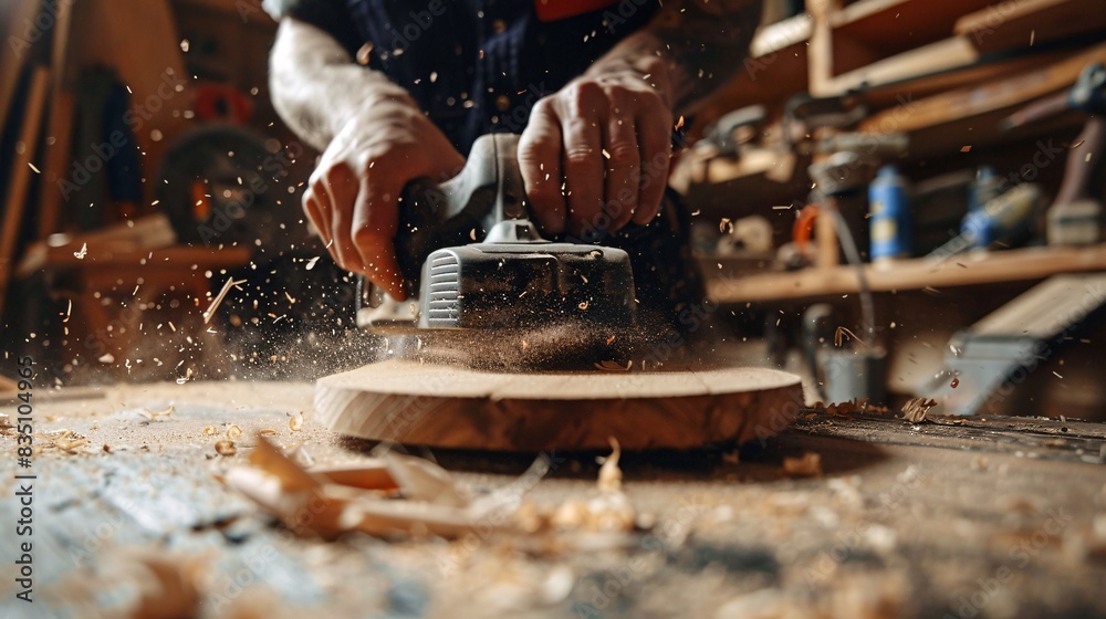 Carpenter sanding a wooden plank with a power sander, surrounded by ...