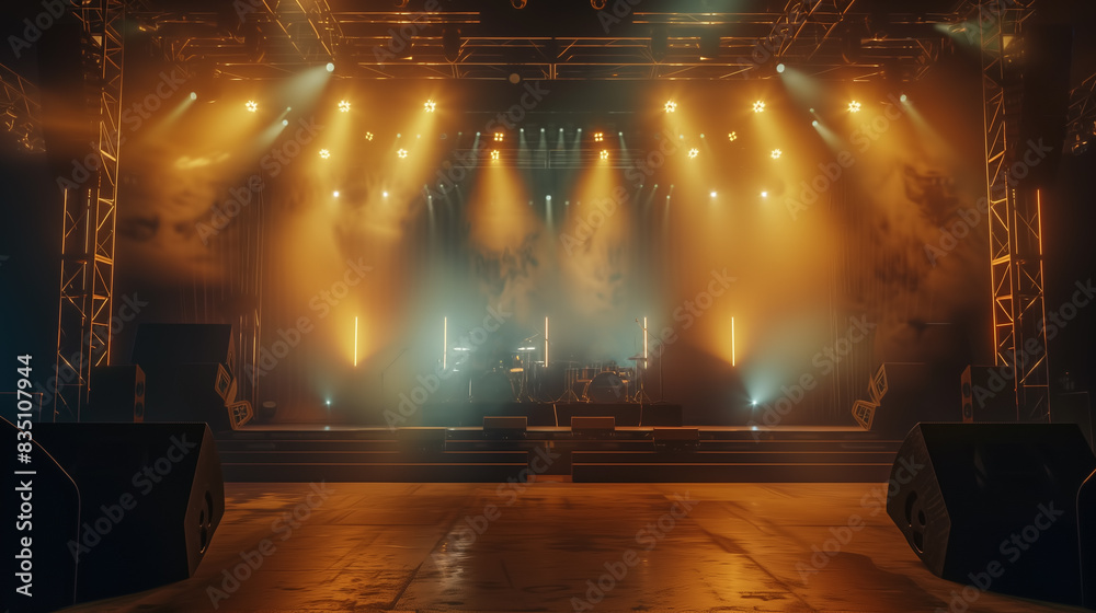 Dark concert stage with fog, illuminated by array of orange spotlight ...