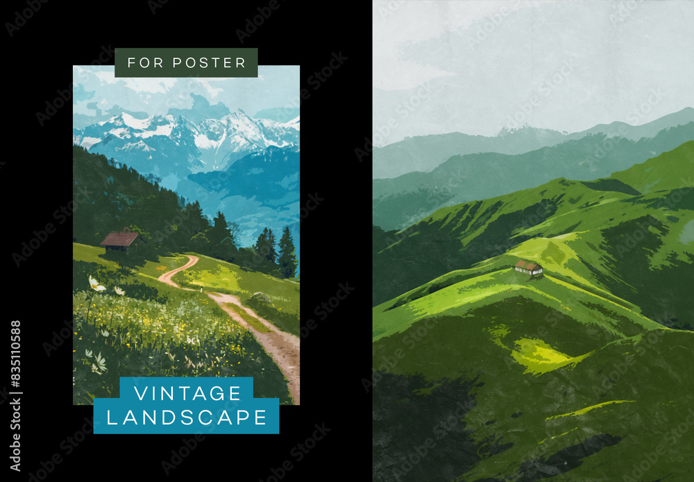 Vintage Landscape Poster Photo Effect Mockup Stock Template | Adobe Stock