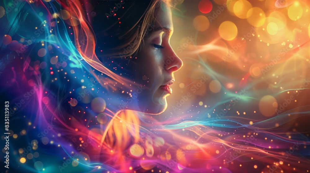 A creative visualization of aura colors as vibrant ribbons of light flowing around a person ...
