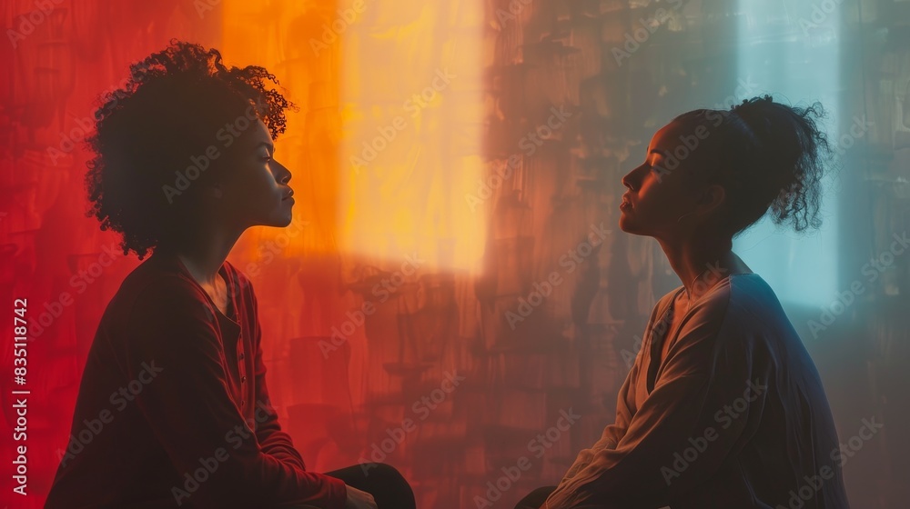 Two people sitting across from each other, one with eyes closed and a ...