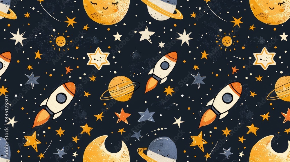 cartoon style space rocket model in universe and space with stars and ...