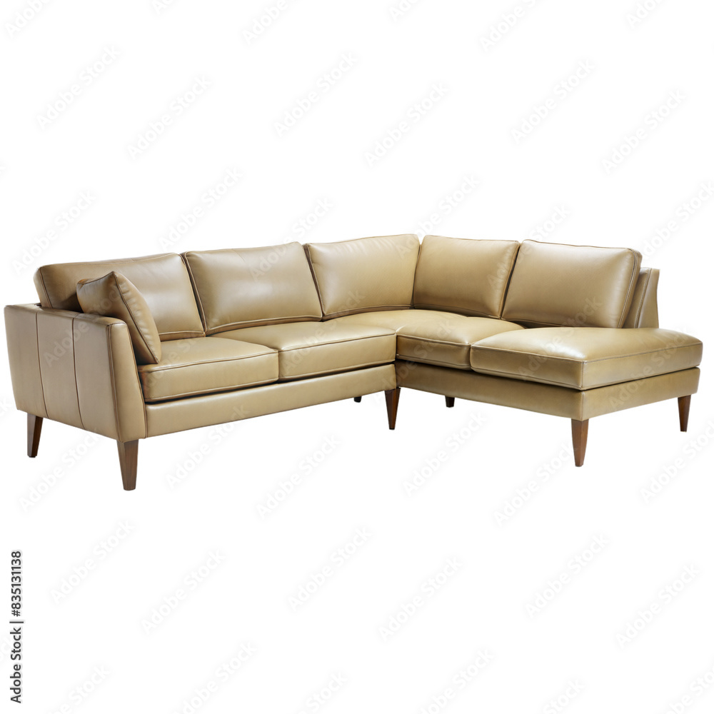Stylish beige leather sectional sofa shown on a transparent background ...