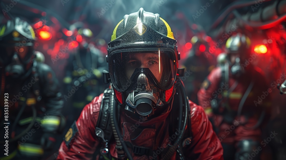 Picture of a group of firefighters extinguishing fire in a fire place ...