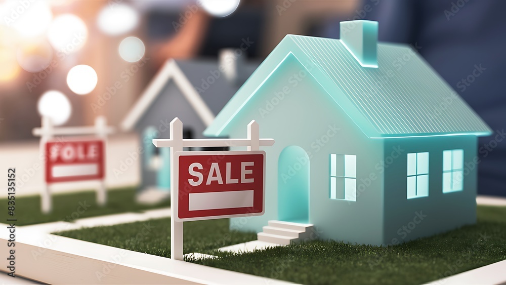 Real estate represented by holographic house model with for sale sign ...