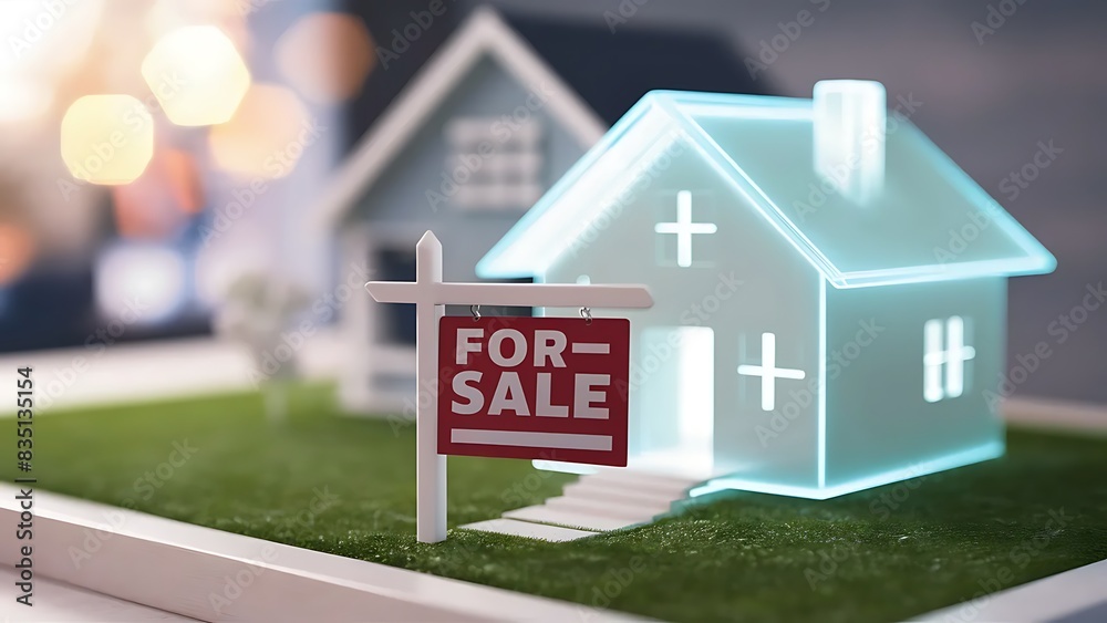 Real estate represented by holographic house model with for sale sign ...