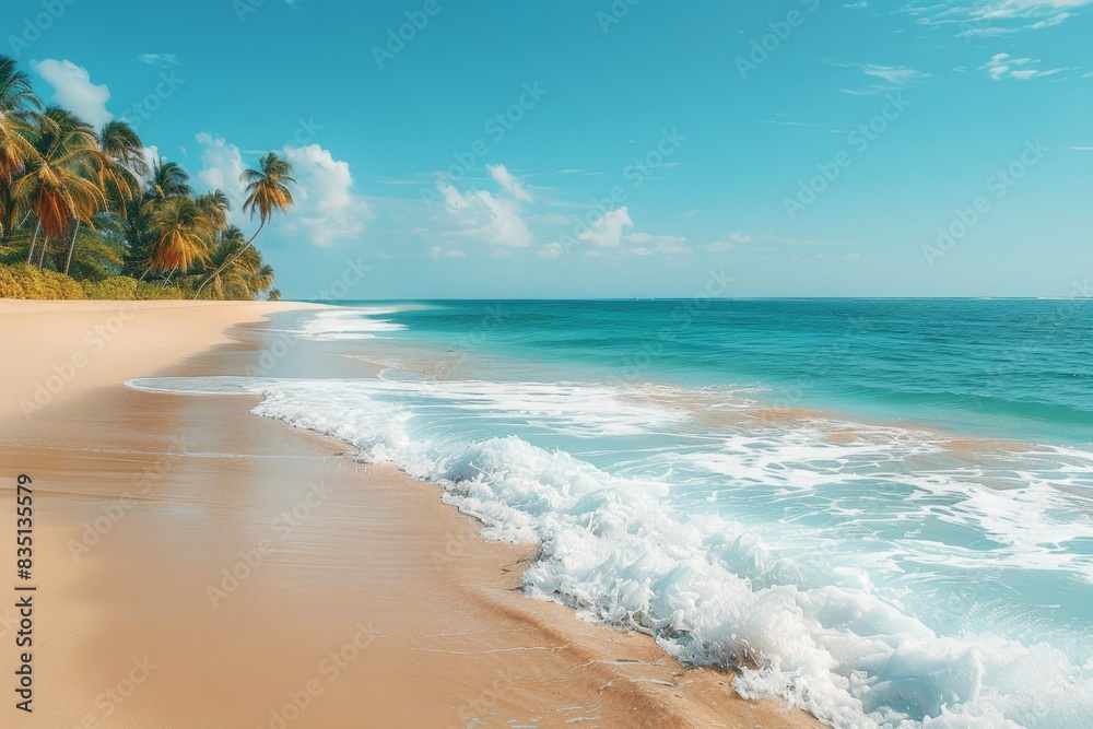 A high-resolution 4K landscape photo of a pristine beach with golden ...