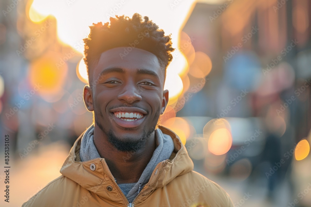 A detailed 4K image of a smiling young man of color, with a confident ...