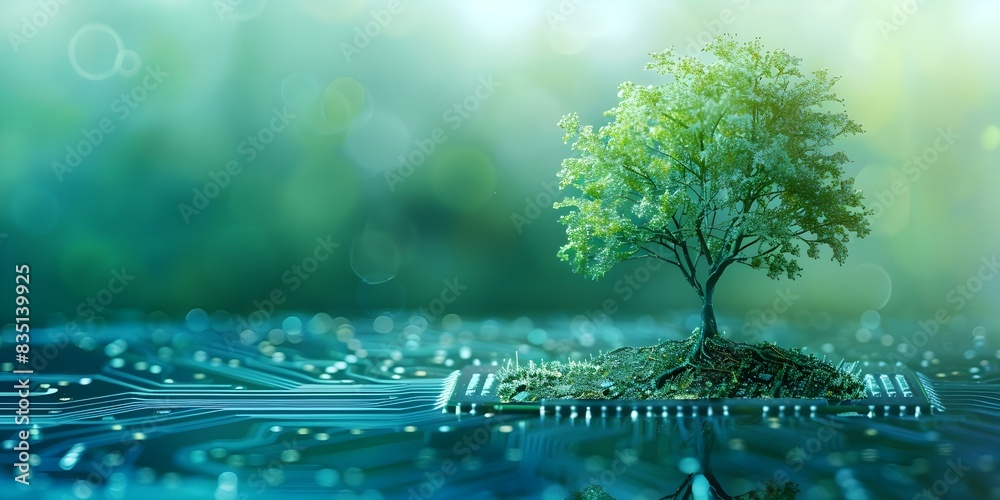 Tree growing on computer circuit board symbolizing green technology and ethics. Concept Green ...