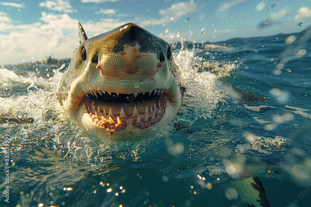 Magnificent great white shark displays its iconic jaws in the ...