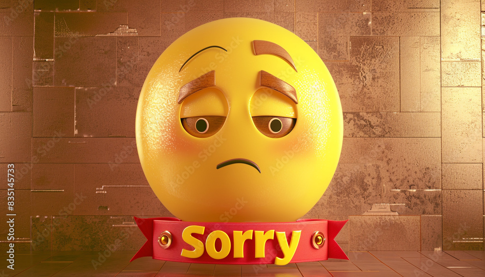Create a 3D yellow emoji showing remorse, with a red ribbon banner ...