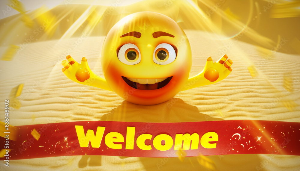 Generate a 3D luxury yellow emoji with a warm inviting gesture ...