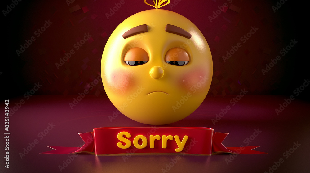 Generate a 3D luxury yellow emoji with an apologetic look. Below, a red ...