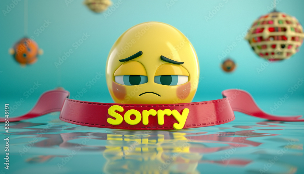 Generate a 3D yellow emoji looking guilty, beneath a red ribbon banner ...