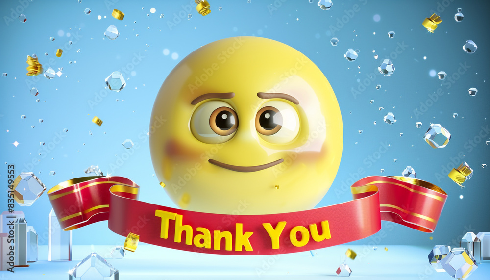 Illustrate a 3D luxury yellow emoji, with a red ribbon banner below ...