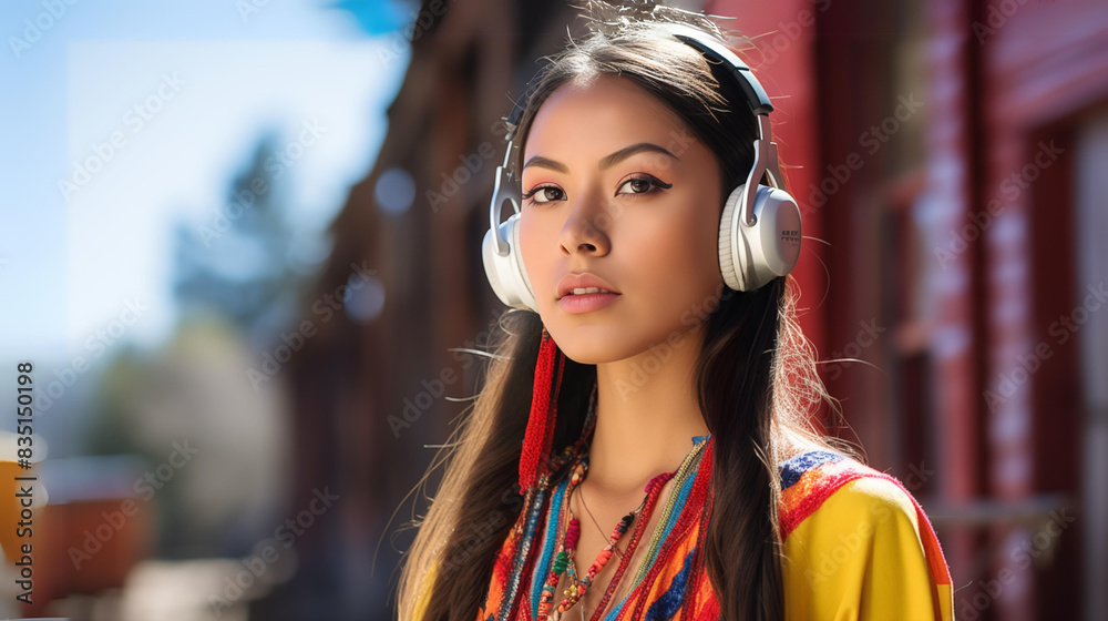 portrait of a young hispanic or mexican girl in outdoor bluetooth ...