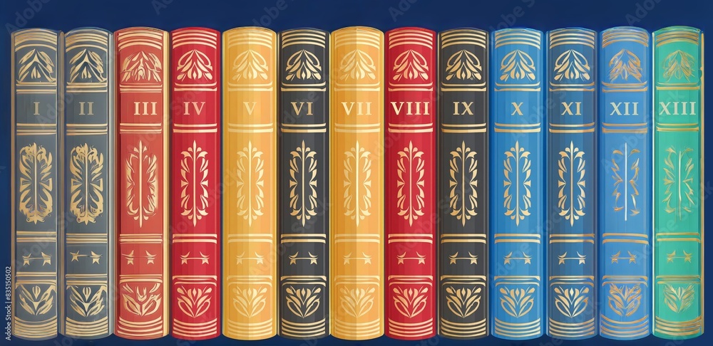 Thirteen book volumes in row. Roman numerals on hardback book spine ...