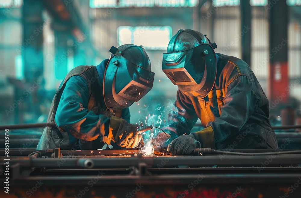 Two people are welding metal together in an industrial setting. One ...