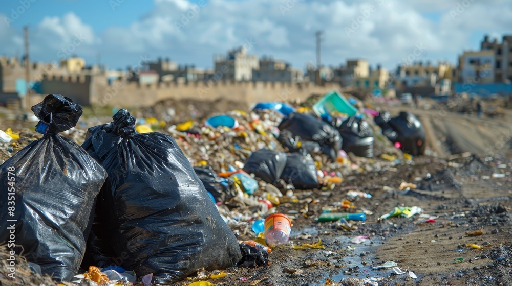 Detailed view of black garbage sacks in a landfill, heaps of rubbish ...