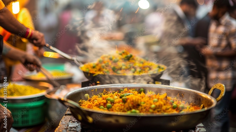 A street food vendor cooking aromatic biryani in a large pot over an ...