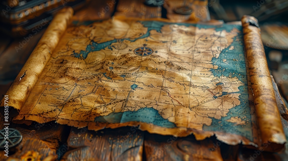 Old World map on vintage wooden table, worn torn paper and instruments ...