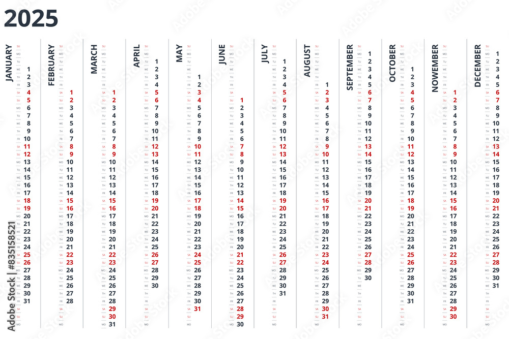 Calendar vertical, planner, date, calender, planner for 2025. Vector ...