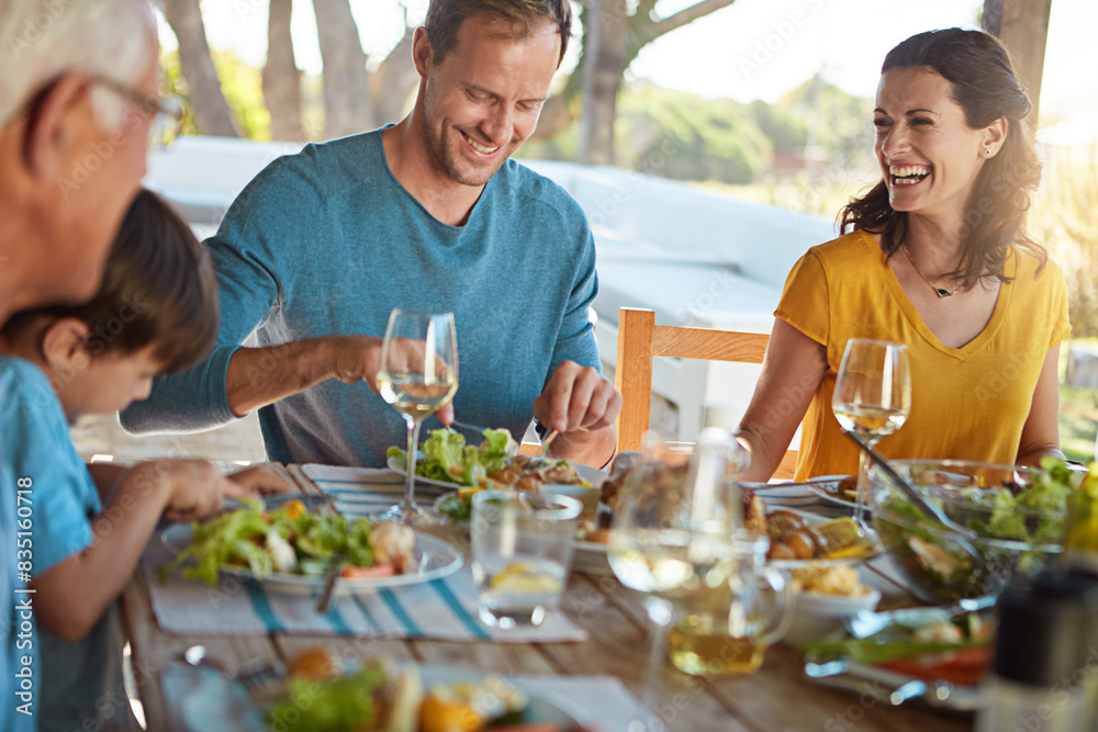 Smile, eating and family in backyard for food, celebration and happy ...
