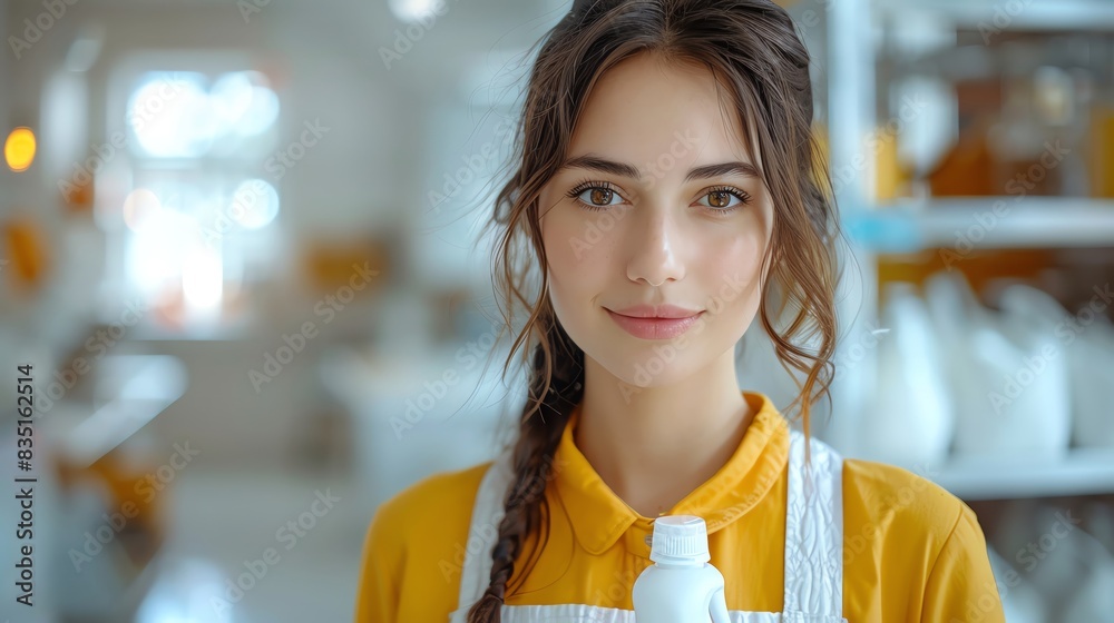 Photo of a housekeeper in a formal uniform, holding a tray with ...